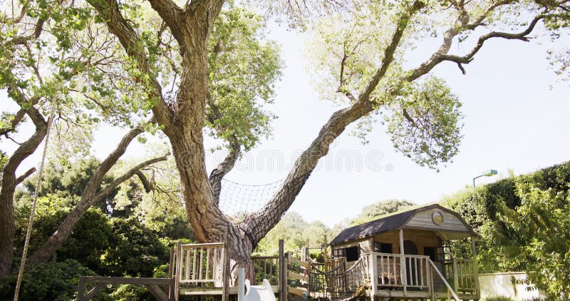 Treehouse with Slide and Rope Bridge in Backyard, Surrounded by Lush ...