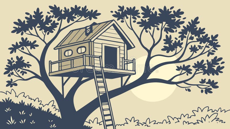 Treehouse in a Stylized Tree at Sunset Vector Illustration, Vector ...