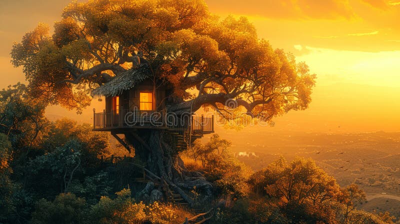 Treehouse at Sunset stock illustration. Illustration of window - 341087051