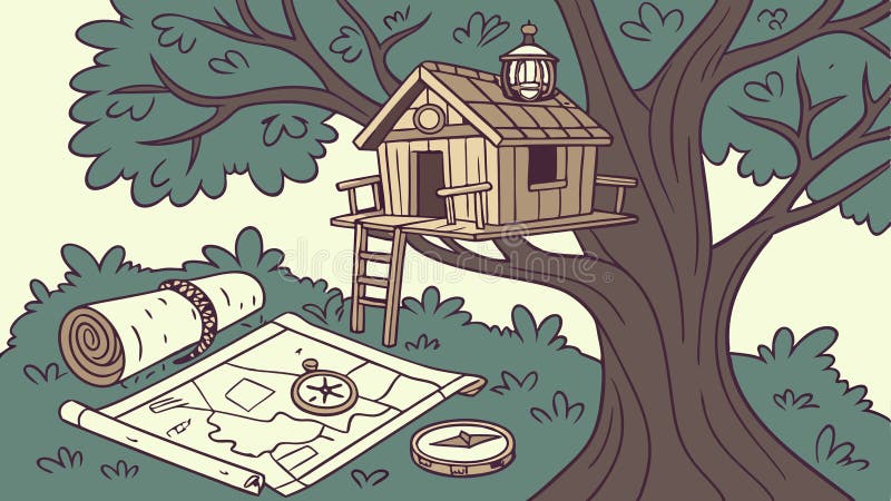 Treehouse with a Treasure Map on the Forest Floor Illustration, Vector ...