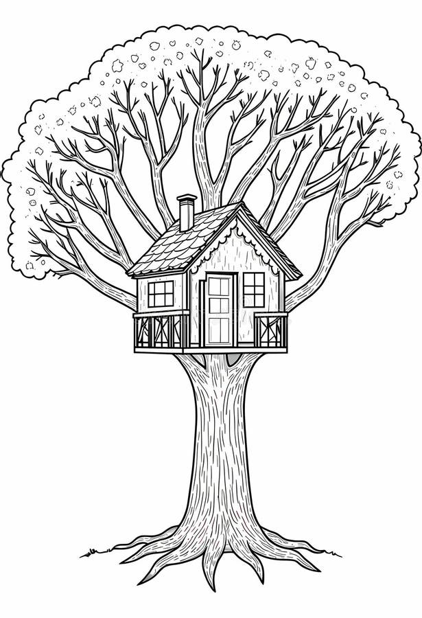 Treehouse in a Tree Coloring Book Page with Detailed Branches and ...