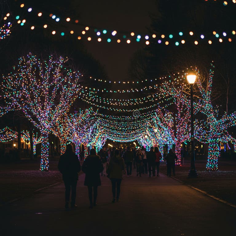 Trees Adorned with Colorful String Lights Line a Pathway in a Park ...