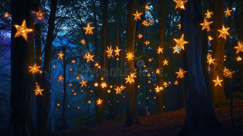 Trees Adorned with Glowing Stars and Mystical Creatures Create a ...