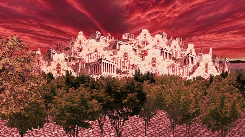 Trees and Ancient Buildings Inside Round Stone Land at Sunset Stock ...