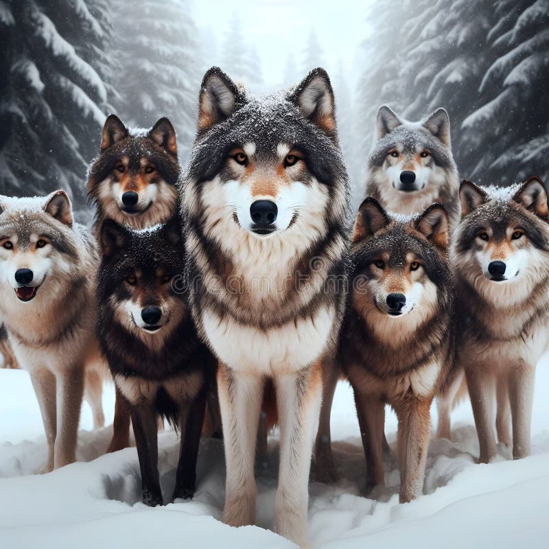 With Trees in the Background, Wolves are Standing in the Snow. Stock ...