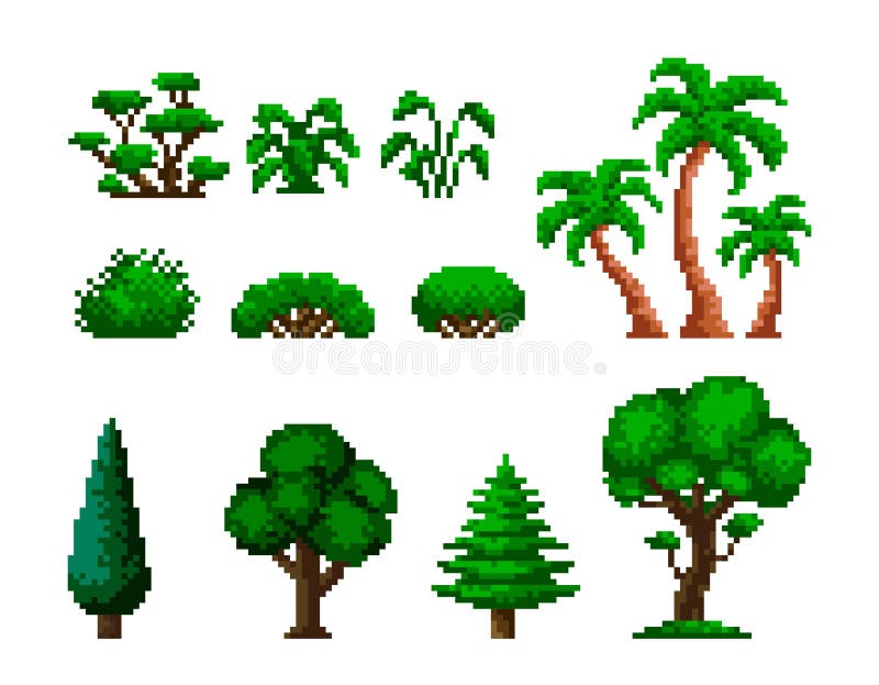Trees and Backyard Bushes Pixel Art Icon Set. Forest Elements Logo ...