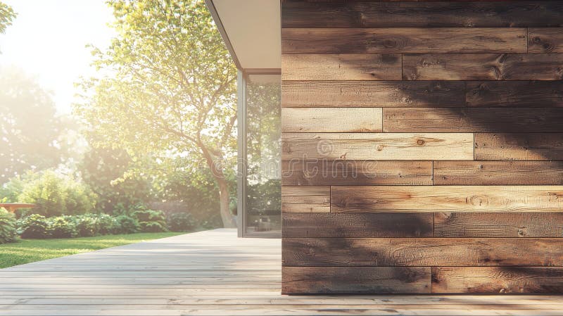 Trees in the Backyard Complement the Wooden House Wall Outside. Stock ...