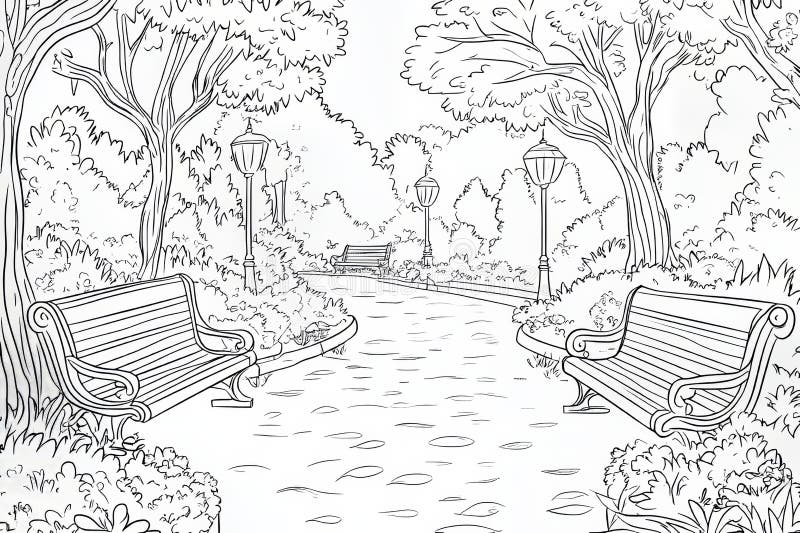 Trees, Benches, and Walking Paths are Depicted in this Line Art ...