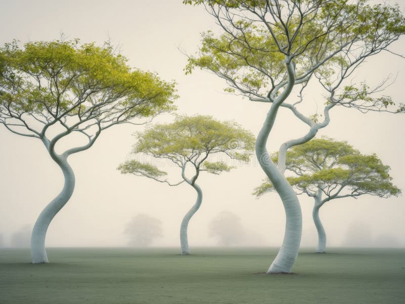 Trees with Bending Trunks and Lush Foliage. Stock Photo - Image of ...