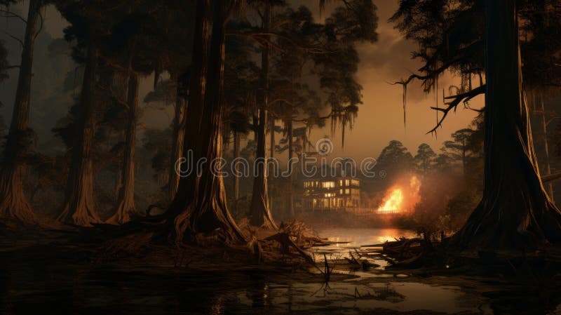 Eerily Realistic Southern Gothic-inspired Fire on a River in a Swamp ...