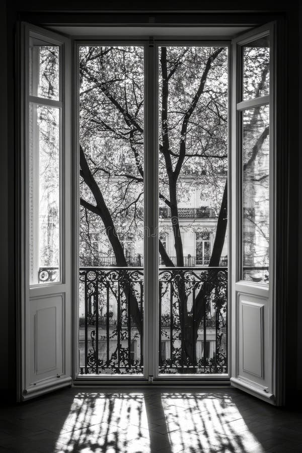 Trees and the Cityscape are Visible from the Balcony through the Open ...