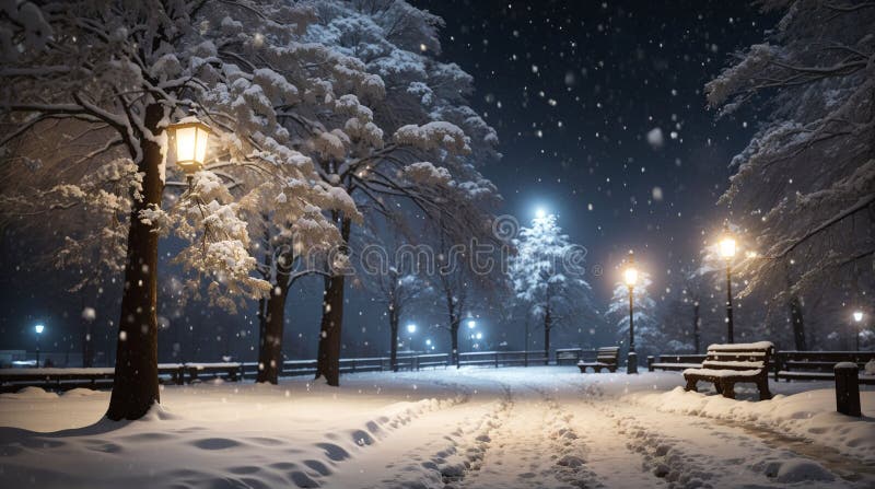 Trees Covered with Snow, Dark Sky and Shining Lantern through Snowing ...
