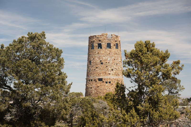 Trees and Desert View Watchtower in Grand Canyon Stock Photo - Image of ...