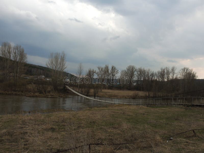 Trees, Dry Grass and a Wooden Rural Bridge Over a Small River. Rustic ...