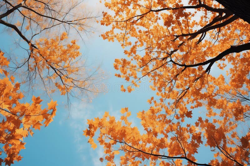 Trees in Fall Park from Below, Yellow Tops of Trees, Blue Sky ...