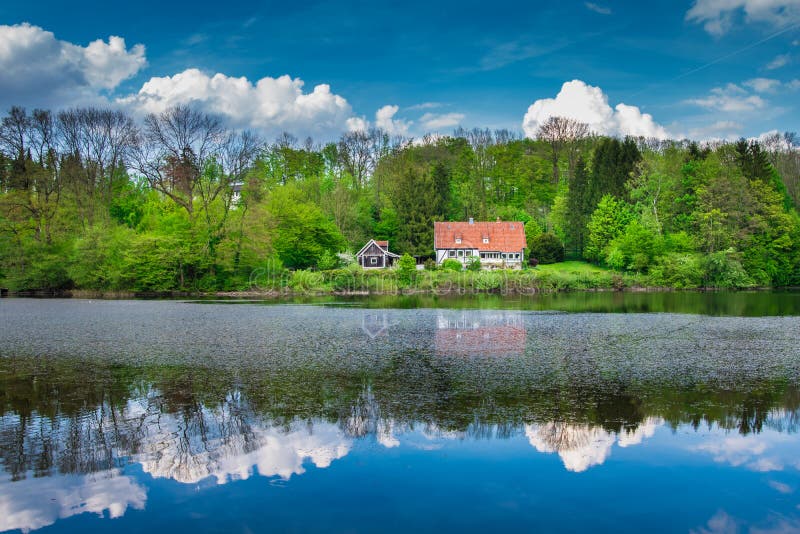 Trees and Farmhouse at a Lake, Germany Stock Image - Image of sunlight ...