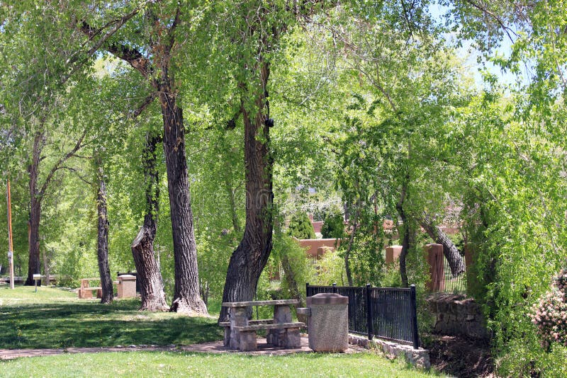 Trees, Fence, and Bench stock photo. Image of river, sidewalk - 73562680