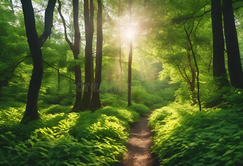 Trees and Ferns on Either Side of a Path in a Green Forest Stock ...