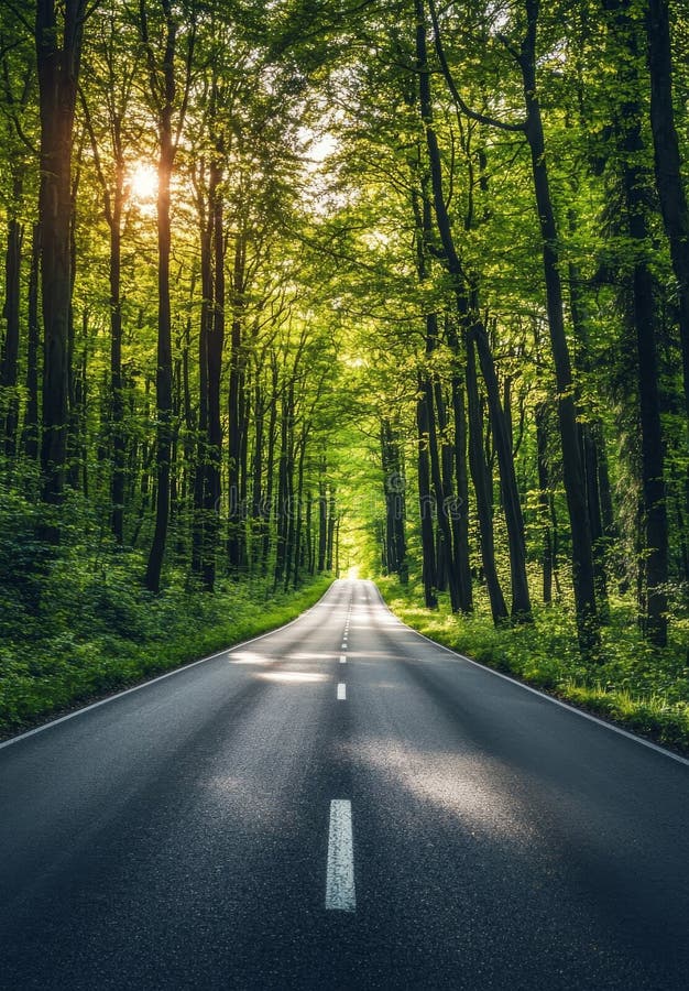 With Trees Flanking it, the Highway Stretched into the Distance Stock ...