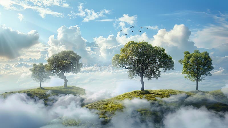 Trees and Floating Clouds in Fantasy Landscape . Generative Ai Stock ...