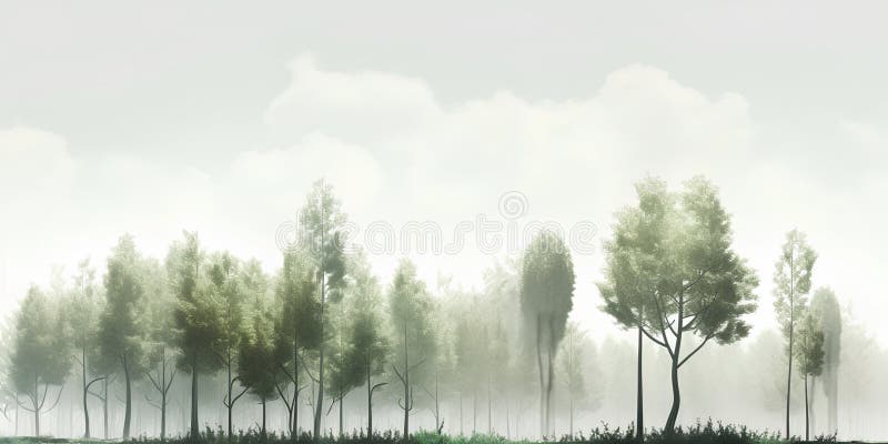 Trees in Foggy Meadow. 3D Rendering. Computer Digital Drawing Stock ...