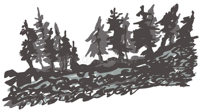 Trees in the Forest, Row of Silhouetted Trees, Winter Forest Ink ...