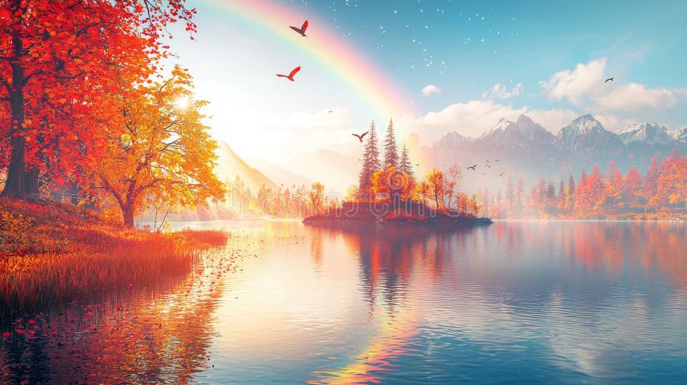 Trees Frame a Tranquil Lake As a Rainbow Arches Overhead Stock Photo ...