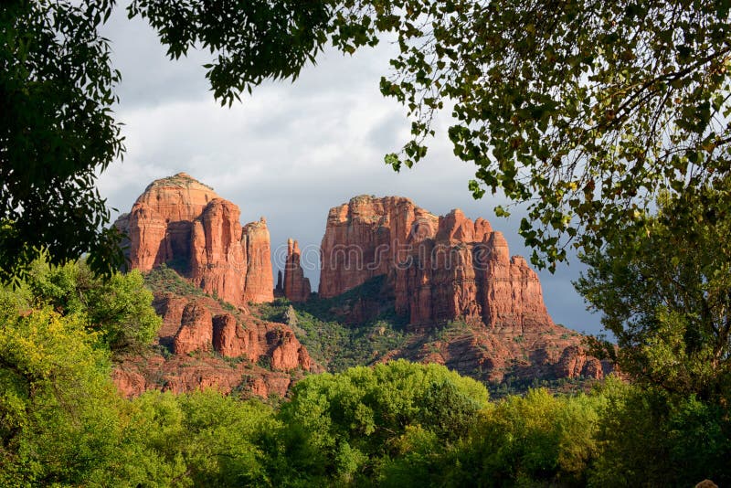 Trees Framing Cathedral Rock Vortex in Sedona Stock Image - Image of ...
