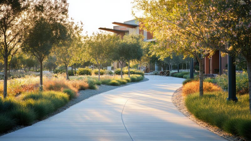 Trees and Grass Border a Park Walkway with a Building Visible in the ...