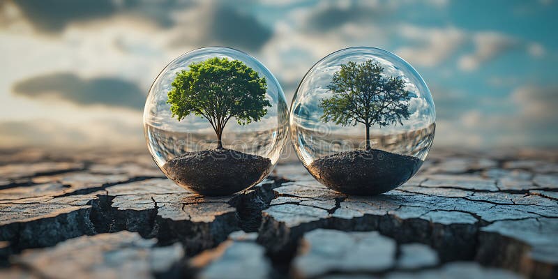 Trees Growing Inside Spheres on Cracked Earth Surface Symbolizing ...