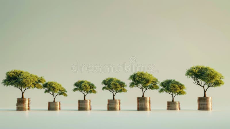 Trees Growing on Stacked Coins.AI Generated Image Stock Image - Image ...