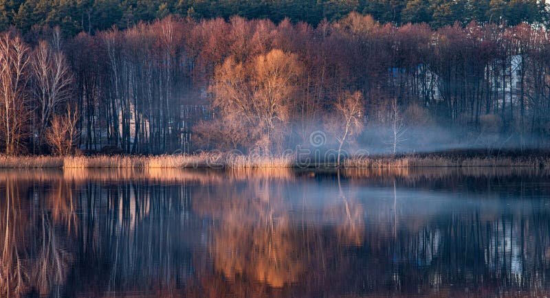Trees Houses Illuminated Setting Sun Reflected Lake Stock Photos - Free ...