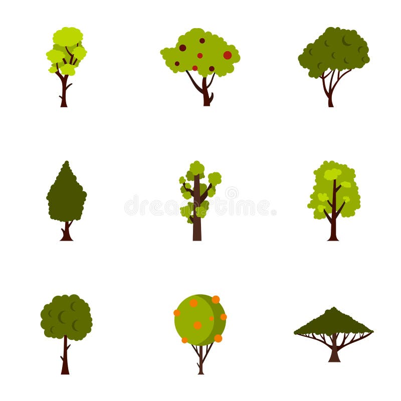Trees Icons Set, Flat Style Stock Vector - Illustration of green ...