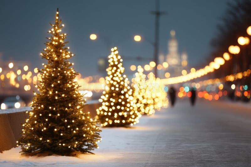 Trees with Illuminated String Lights Line a City Sidewalk at Dusk ...