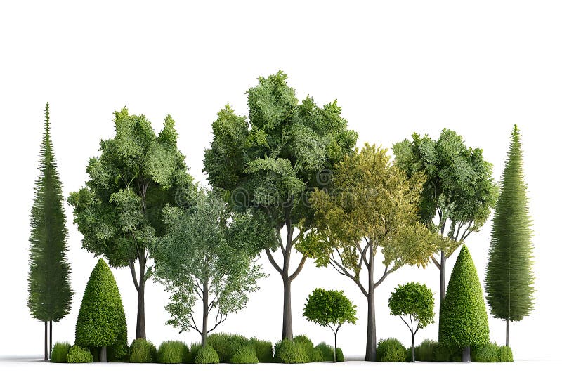 Trees Line Garden Isolated on White Background, 3D Illustration Stock ...