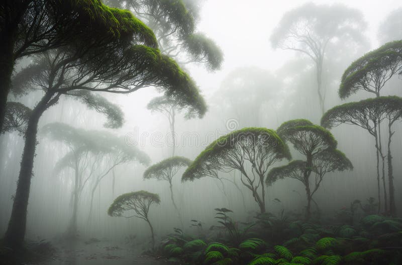 Trees in a Misty Forest. Generative AI. Stock Illustration ...