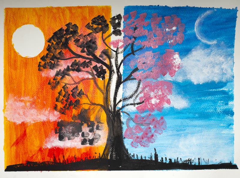 Trees between Night and Day, Drawing with Watercolor, Children`s ...