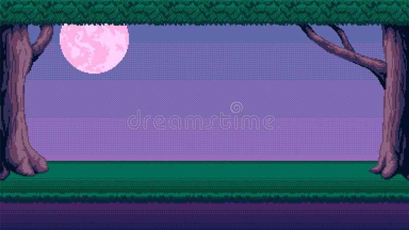 Trees at Night Pixel Art Background. Forest with Moon 2d Backdrop for 8 ...