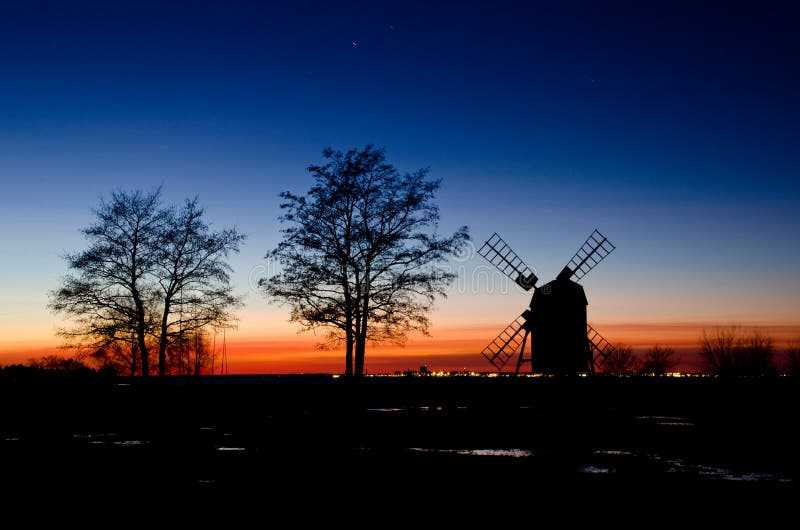 Trees and Old Windmill in Sunset Stock Image - Image of evening, blue ...