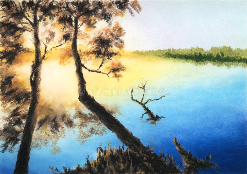 Trees over water stock illustration. Illustration of paint - 251433670