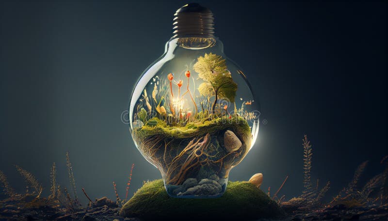Ecosystem in Light Bulb, Growing Plants in Bulb, Renewable Energy Concept Composition ...