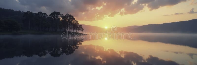 Trees Reflected in the Stillness of the Lake at Dusk, Lake Scene ...