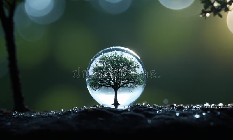 A Trees Reflection is Seen in Liquid Water Droplet Stock Image - Image ...