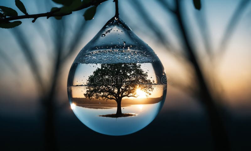 A Trees Reflection is Seen in Liquid Water Droplet Stock Image - Image ...