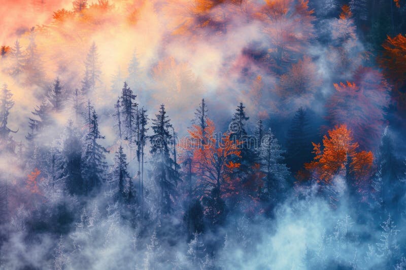 Trees Rise through Mystical Mist in Forest Landscape and Nature Theme Stock Illustration ...