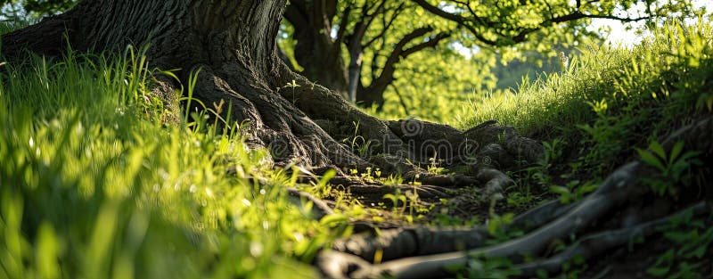 Trees root in green grass stock image. Image of yellow - 305924055