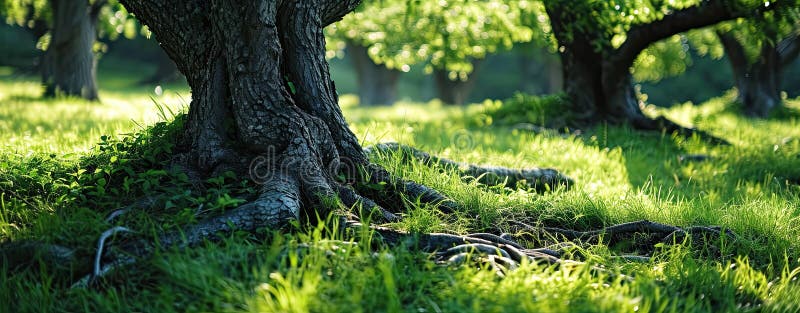 Trees root in green grass stock image. Image of pattern - 310345743