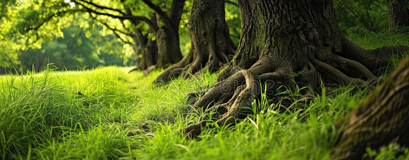 Trees root in green grass stock image. Image of land - 317949383