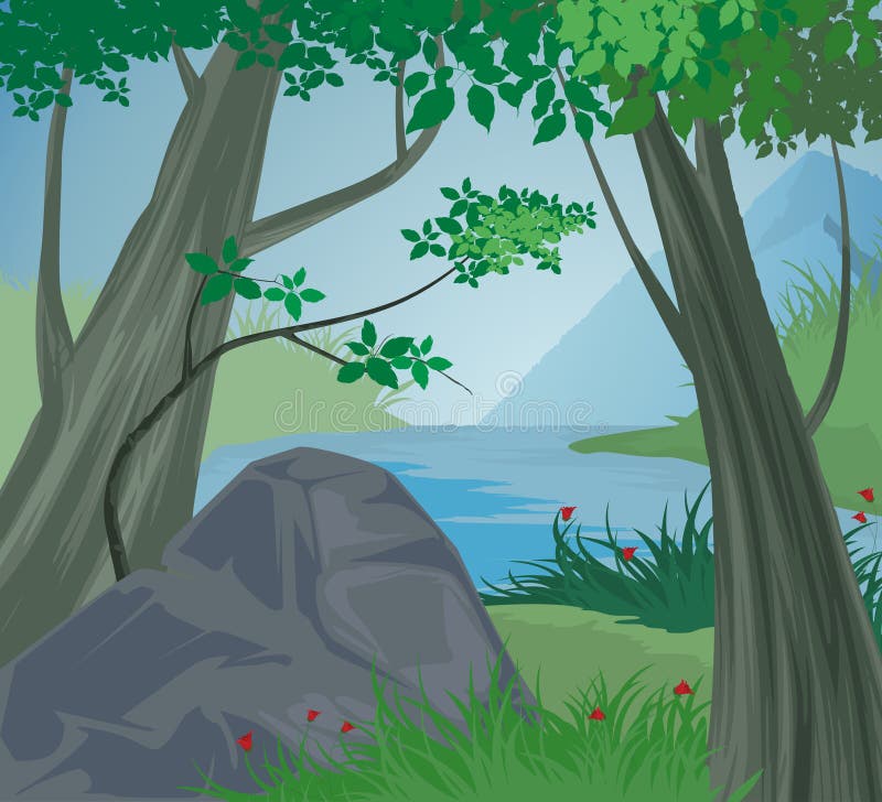 Trees Scene and Mountain River Stock Illustration - Illustration of ...