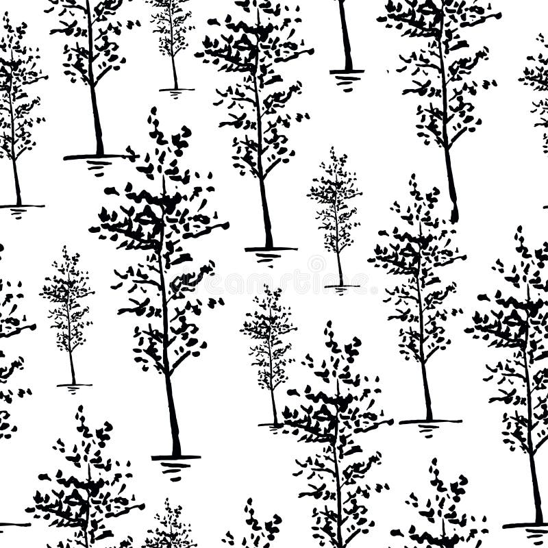 Trees, Sketch Pattern. Hand Painted Black Trees on White Background ...